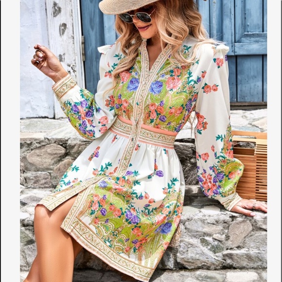 Dresses | Boho Floral Paisley Print Puff Sleeve Open Front Dress | Poshmark